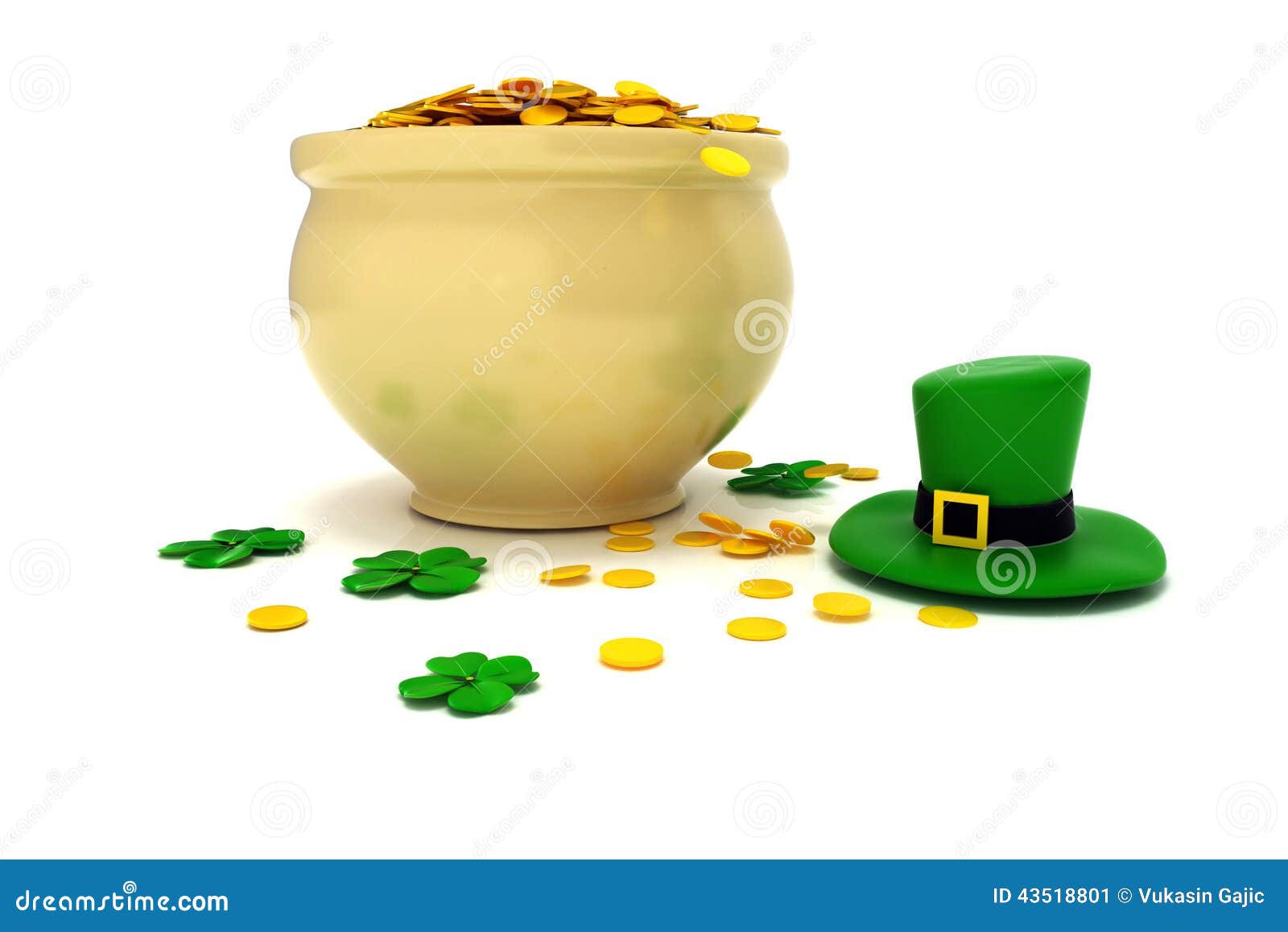 3d Pot of Gold with Four Leaf Clover Stock Illustration - Illustration ...