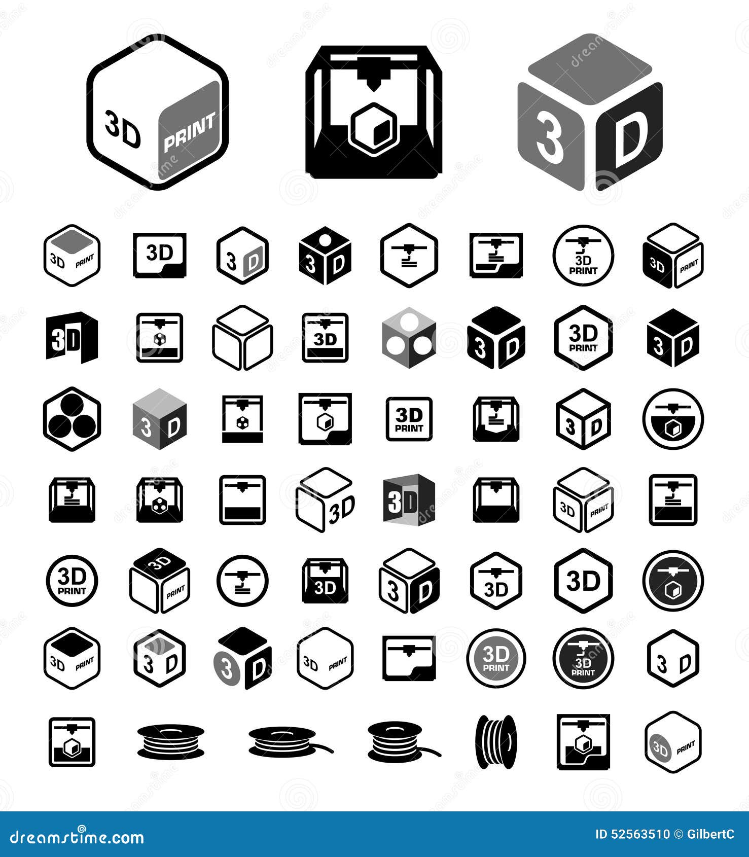 3D print icon set stock vector. Illustration of printer - 52563510