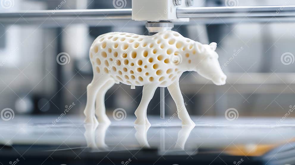 A 3D-printed Cow Figurine with a Perforated Texture, Being Created on a ...