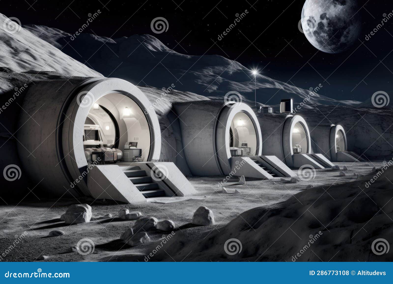 3d-printed Lunar Habitat Modules Connected by Tunnels Stock ...