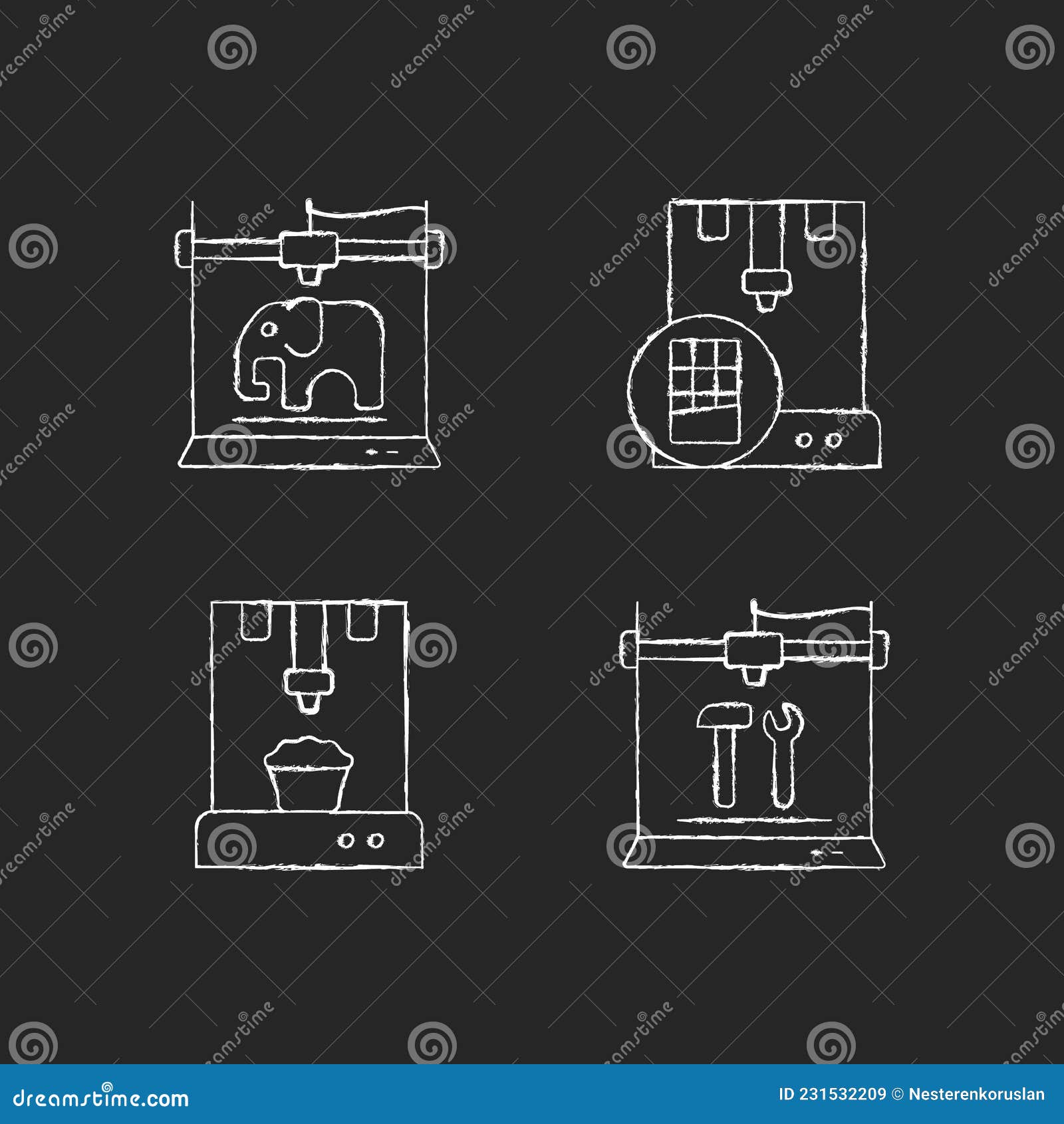 3d Printed Physical Objects Chalk White Icons Set on Dark Background ...