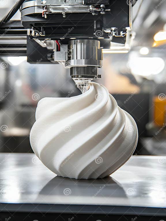 A 3D Printer in Action, Creating a White Spiral-shaped Object with ...
