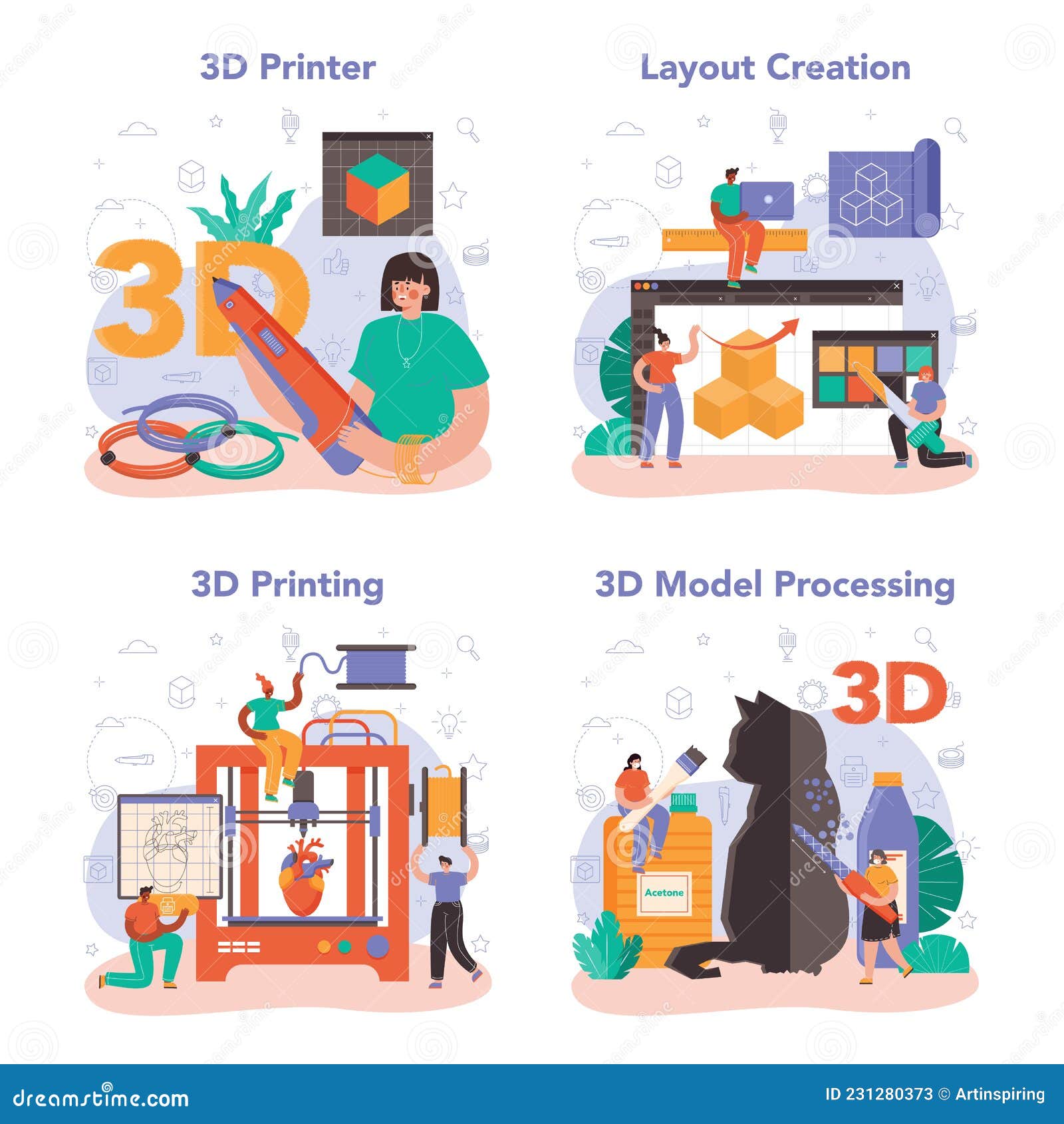 3D Printer Concept Set. Digital Designer Drawing with Electronic Tools ...