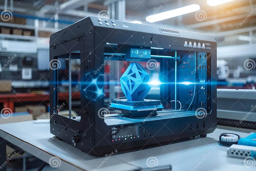 3D Printer Creating a Blue Geometric Model in a High-tech Workshop ...