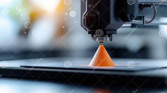 3D Printer Creating Orange Cone on Desk in Modern Lab Environment ...