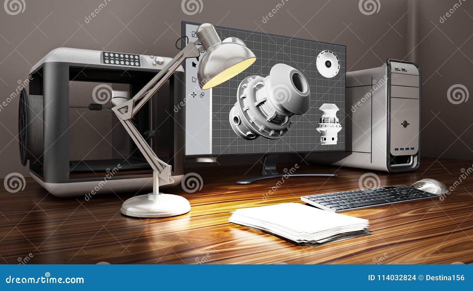 3D Printer and Desktop Computer Standing on the Table. 3D Illustration ...
