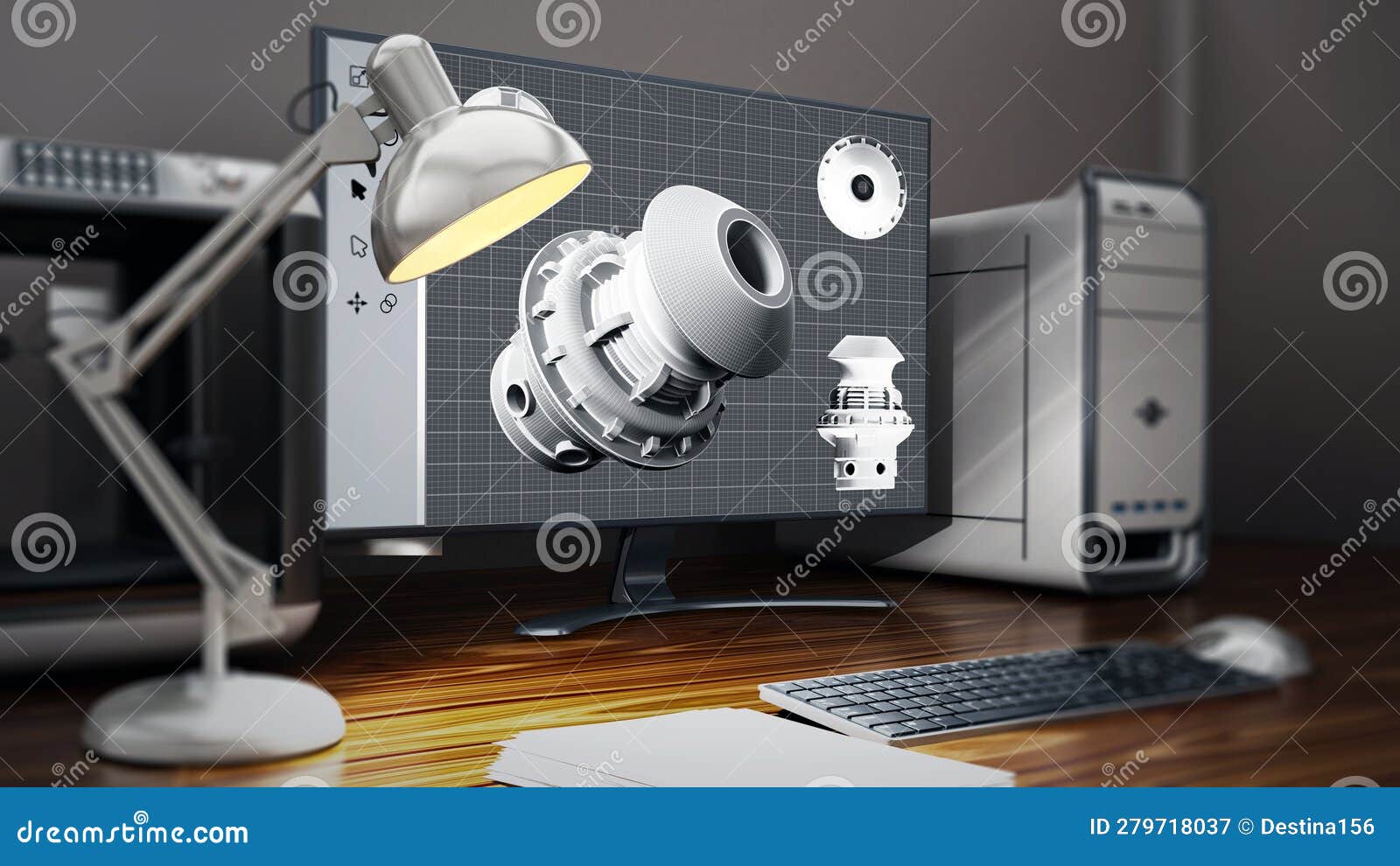 3D Printer and Desktop Computer Standing on the Table. 3D Illustration ...