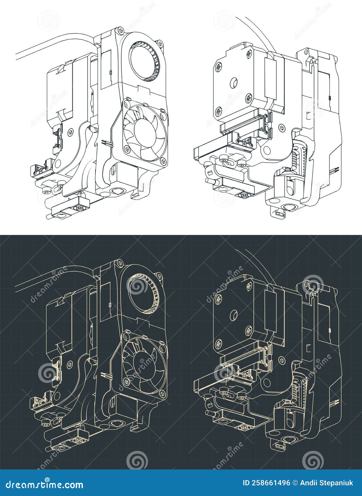 3d Printer Extruder Isometric Drawings Stock Vector - Illustration of ...