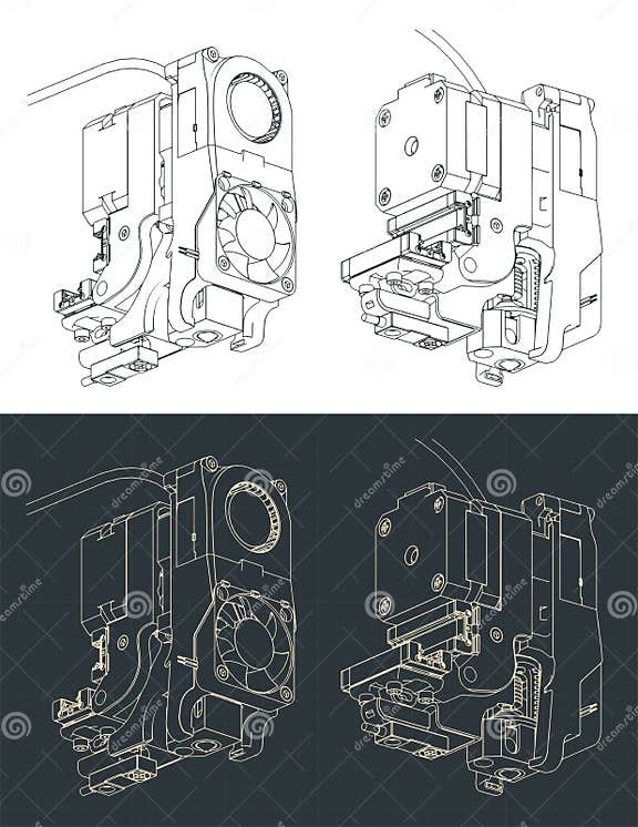 3d Printer Extruder Isometric Drawings Stock Vector - Illustration of ...