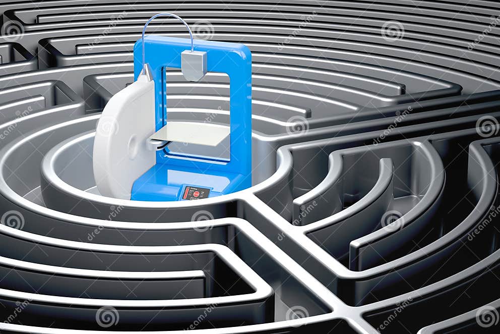 3D Printer Inside Labyrinth Maze. 3D Rendering Stock Illustration ...