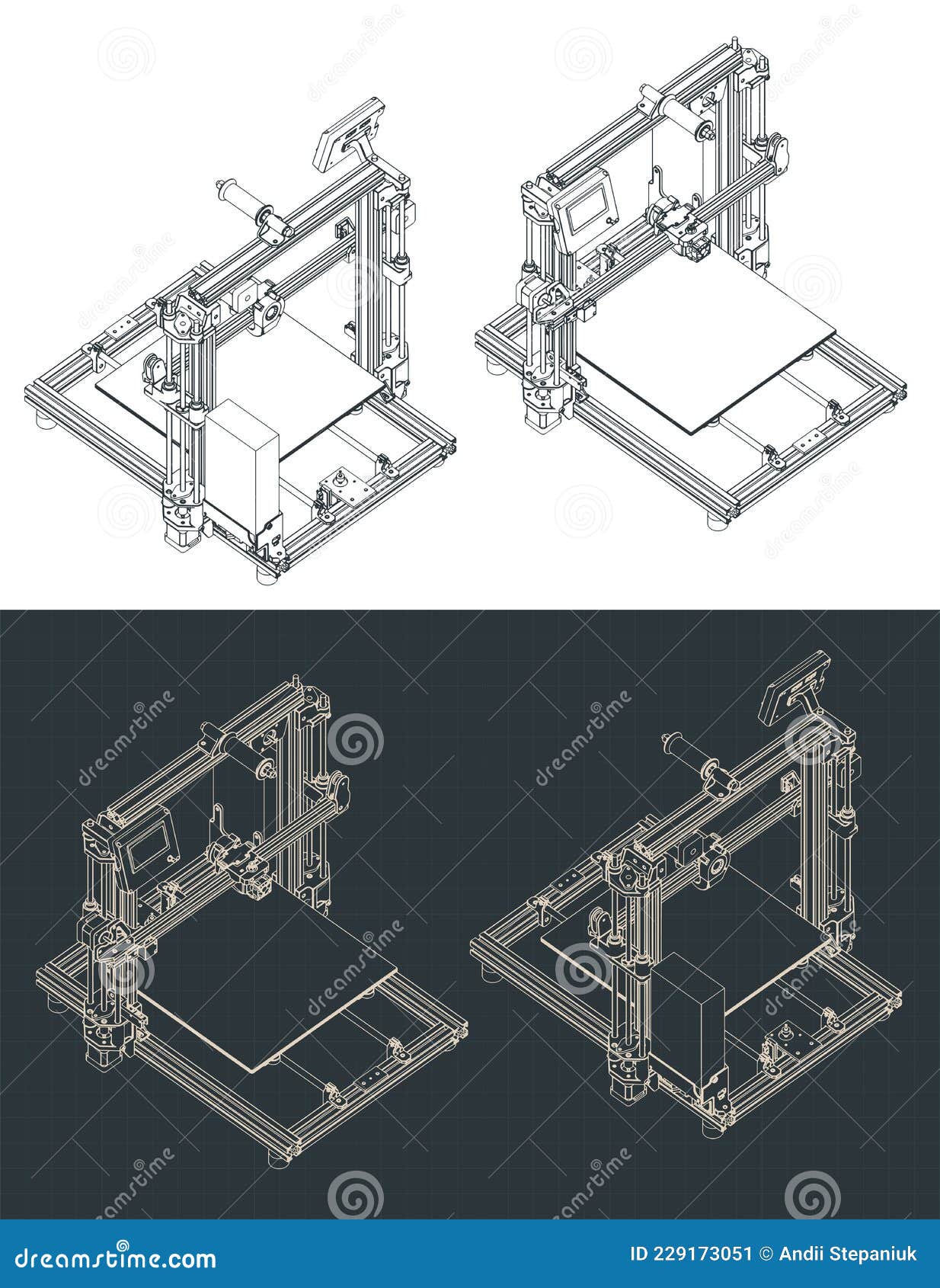 3D Printer Isometric Blueprints Stock Vector - Illustration of tech ...