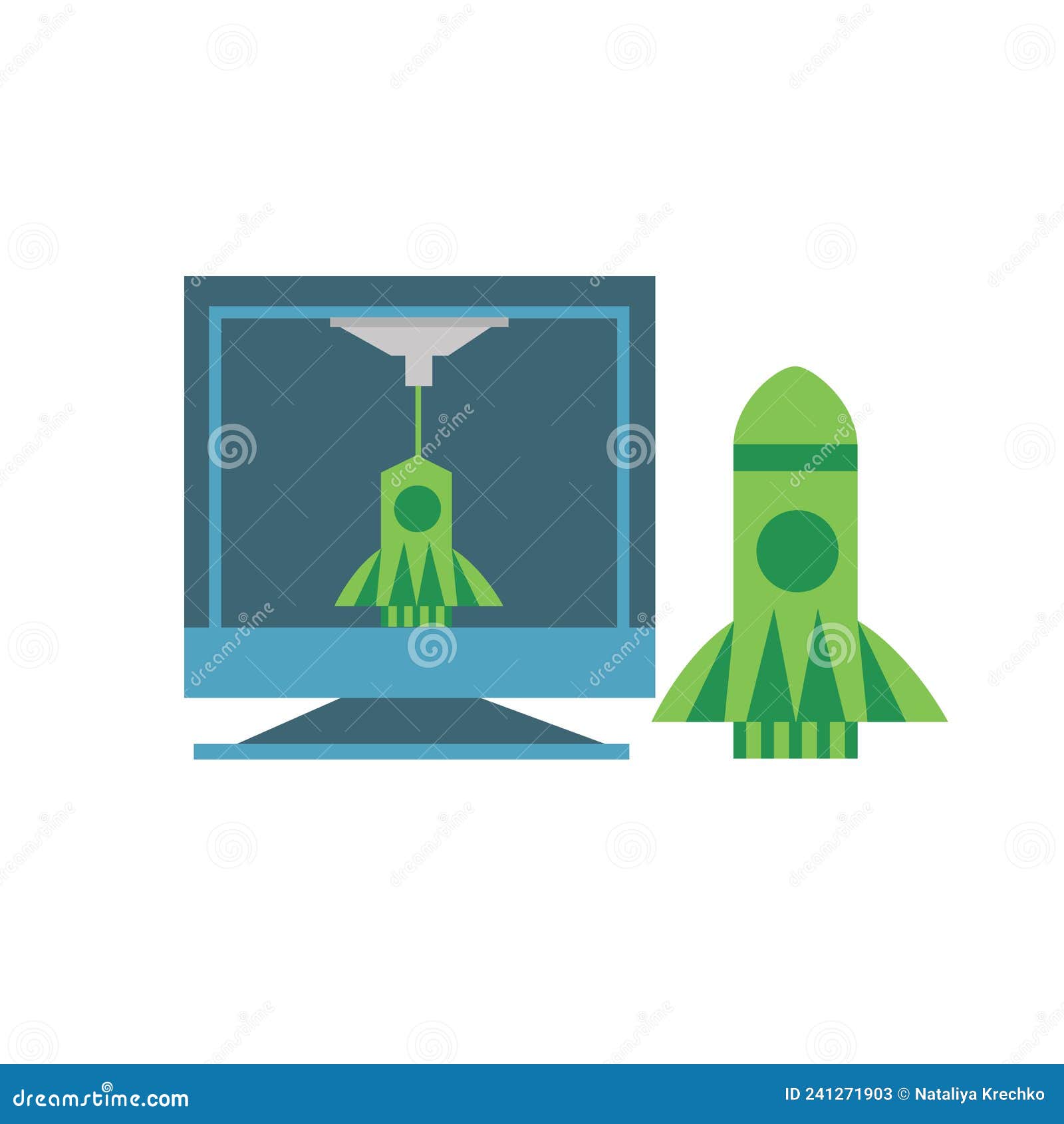 3D Printer Making Rocket Model in Cartoon Flat Style Isolated on White ...