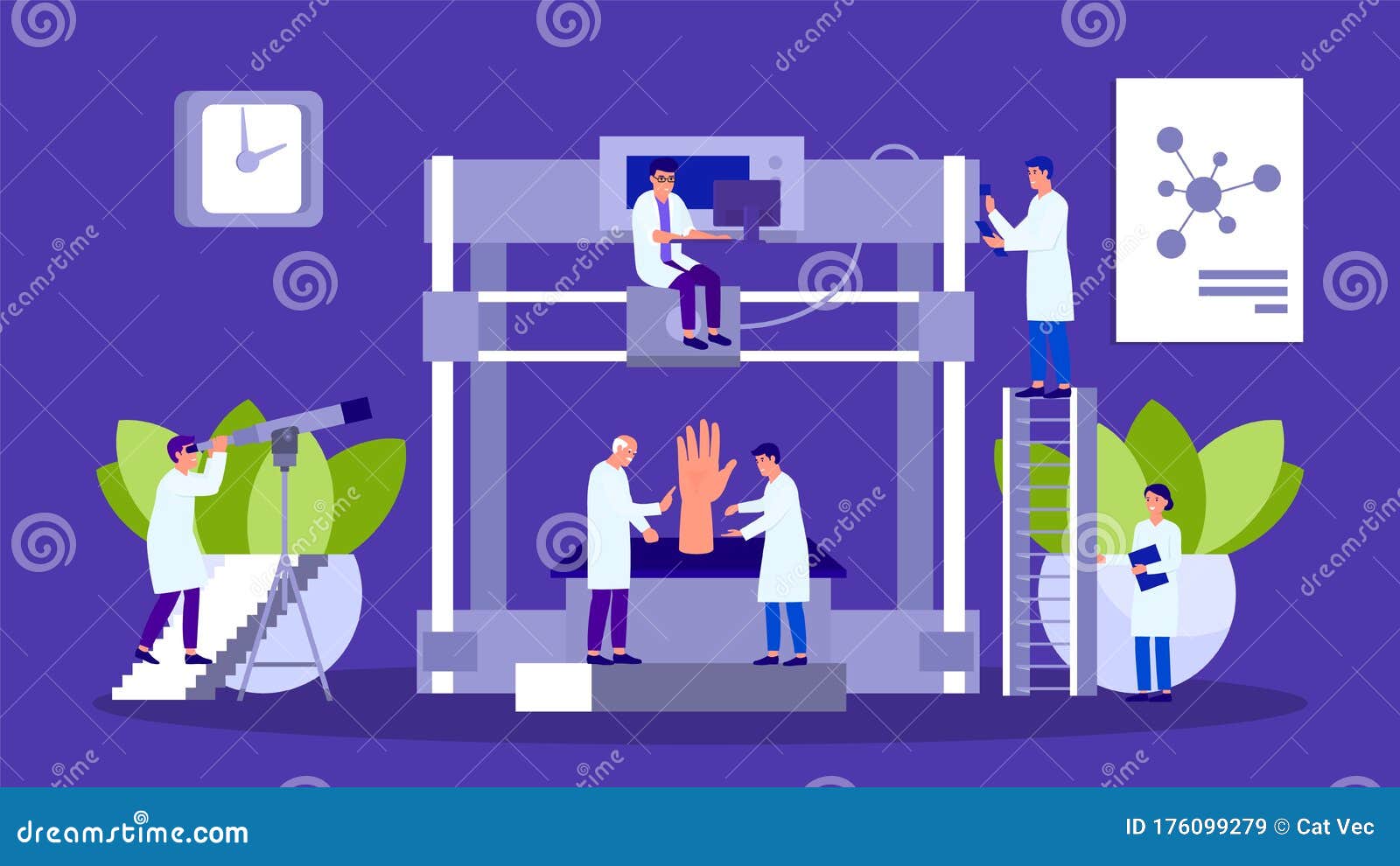 3D Printer and People Scientists Group Laboratory Teamwork Vector ...