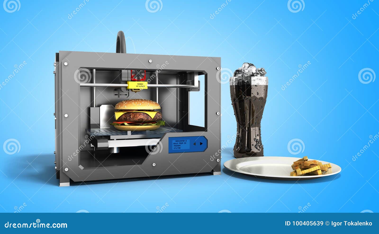 3D Printer Print Burger 3d Rendering on Blue Stock Illustration ...