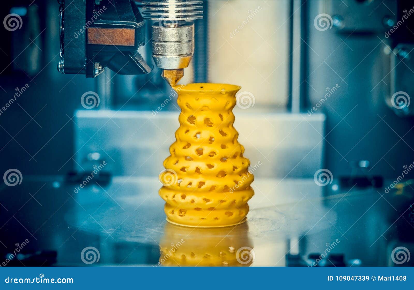 3d Printer Printing Objects Yellow Form Closeup. Stock Image - Image of ...