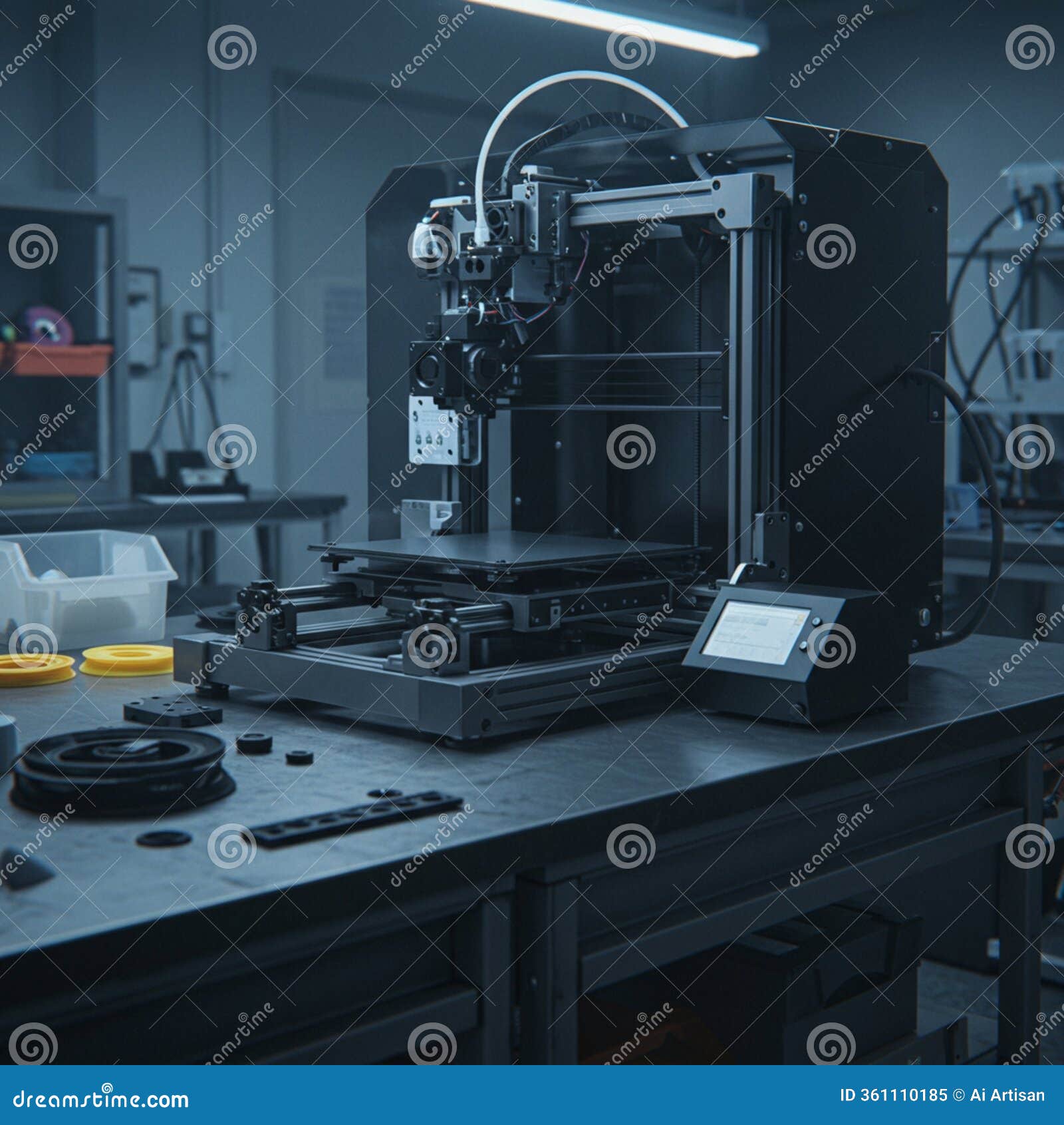 A 3D Printer Sits on a Metal Workbench in a Workshop. it Features a ...