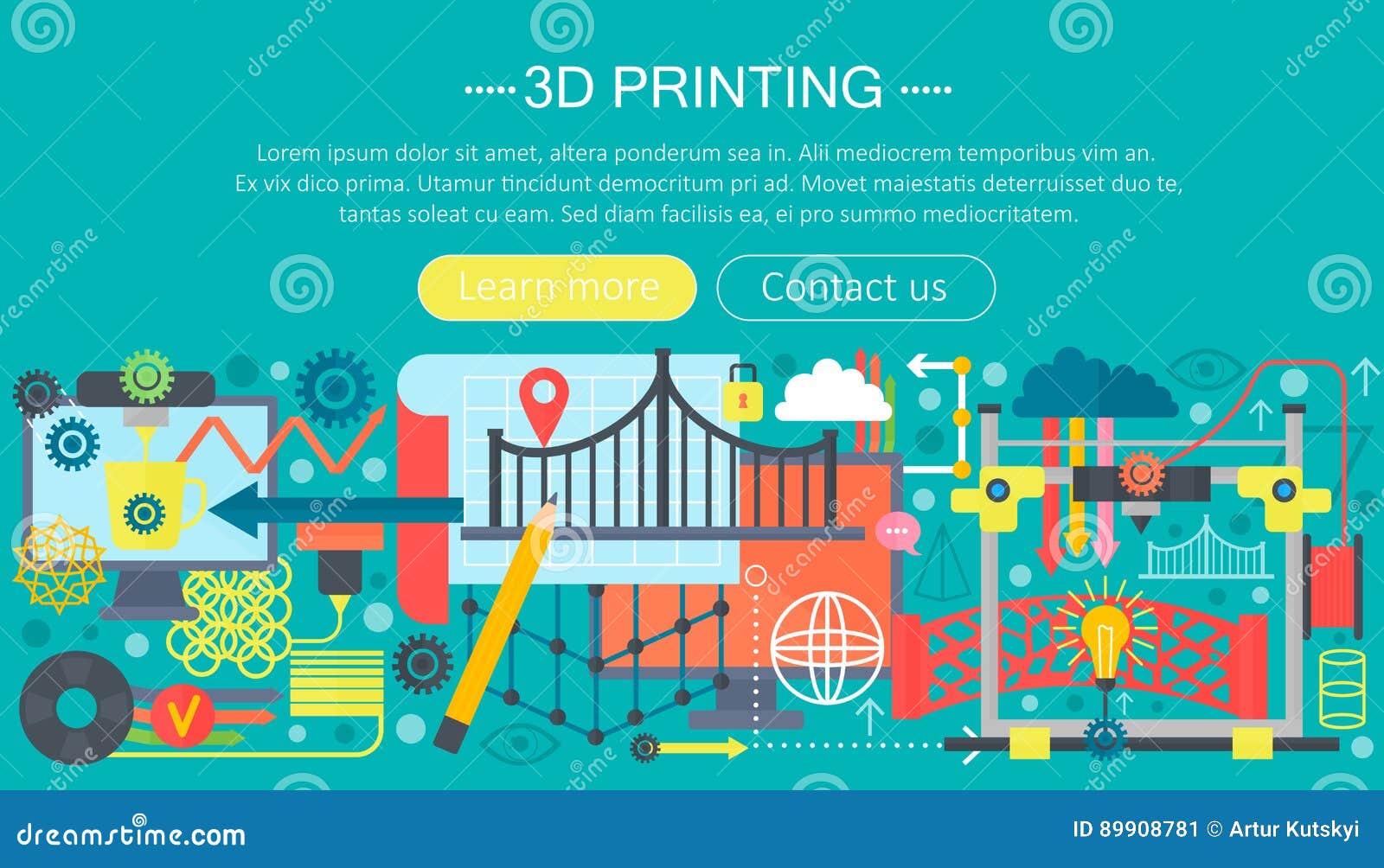 3d Printer Technology Flat Concept Set. 3d Modeling, Printing and ...