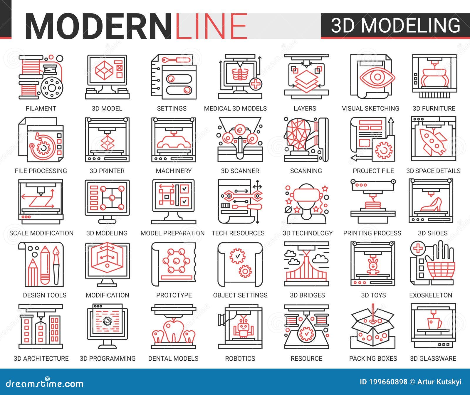 3d Printing Science Technology Flat Web Icon Vector Illustration Set ...