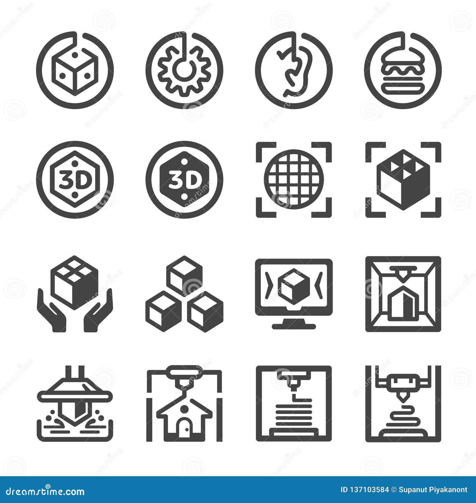 3D printing icon set stock vector. Illustration of polymerization ...