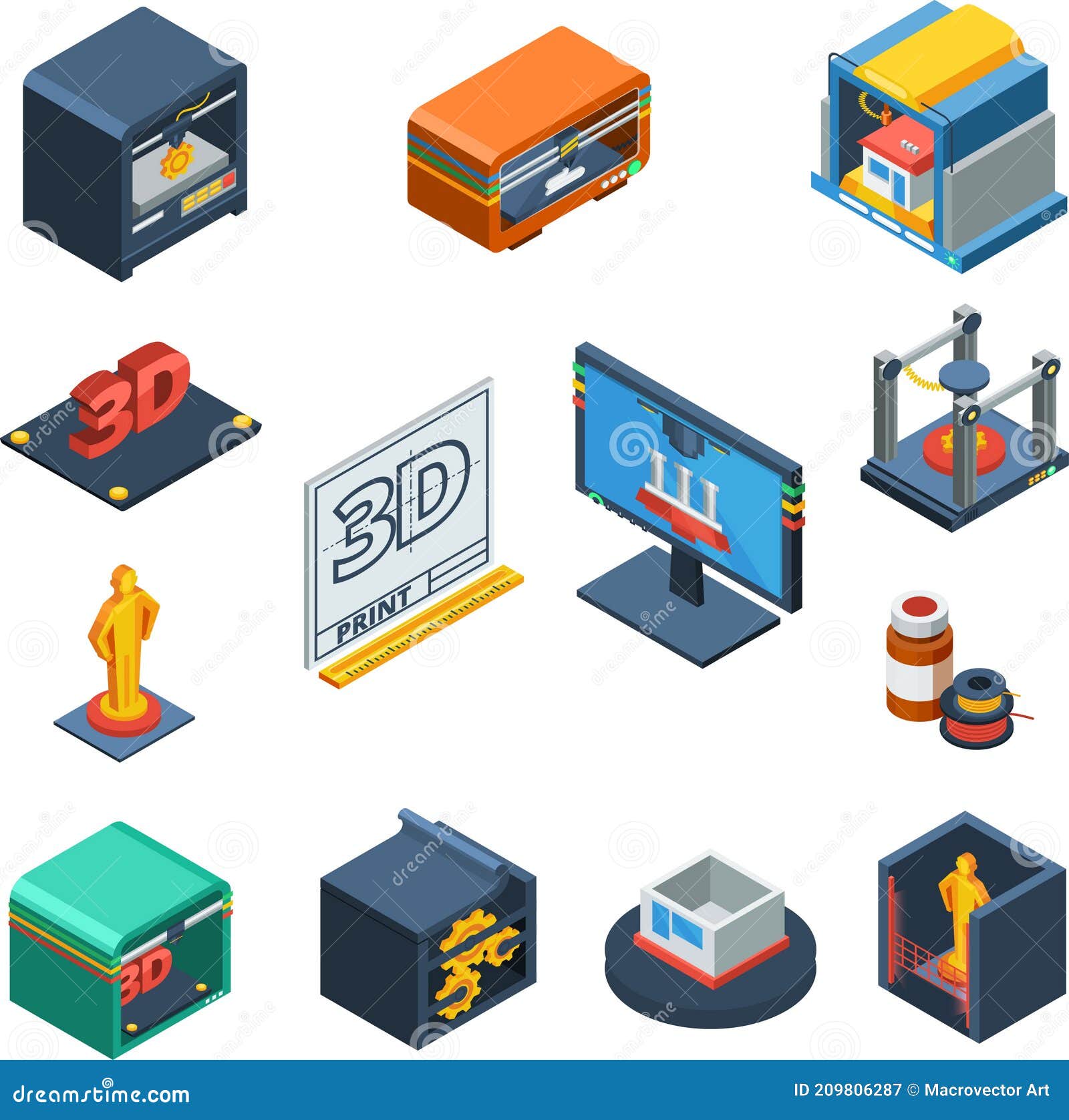 3D Printing Isometric Icons Collection Stock Vector - Illustration of ...