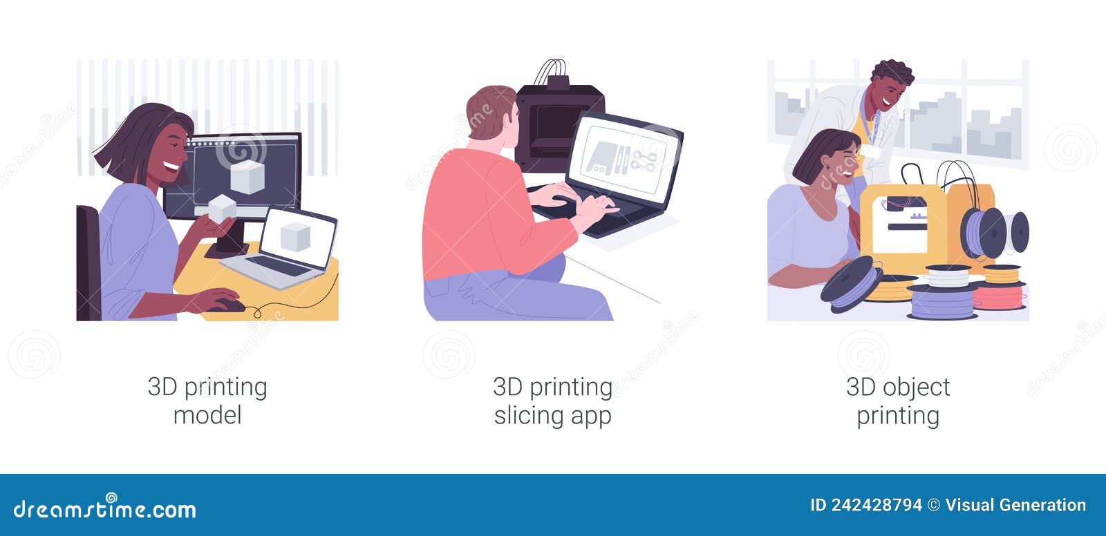 3D Printing Process Isolated Cartoon Vector Illustrations Set. Stock ...