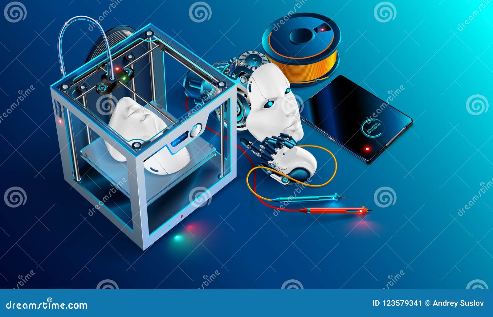 3d Printing Workshop. 3d Printer Printed Robot Head. Robot Parts ...