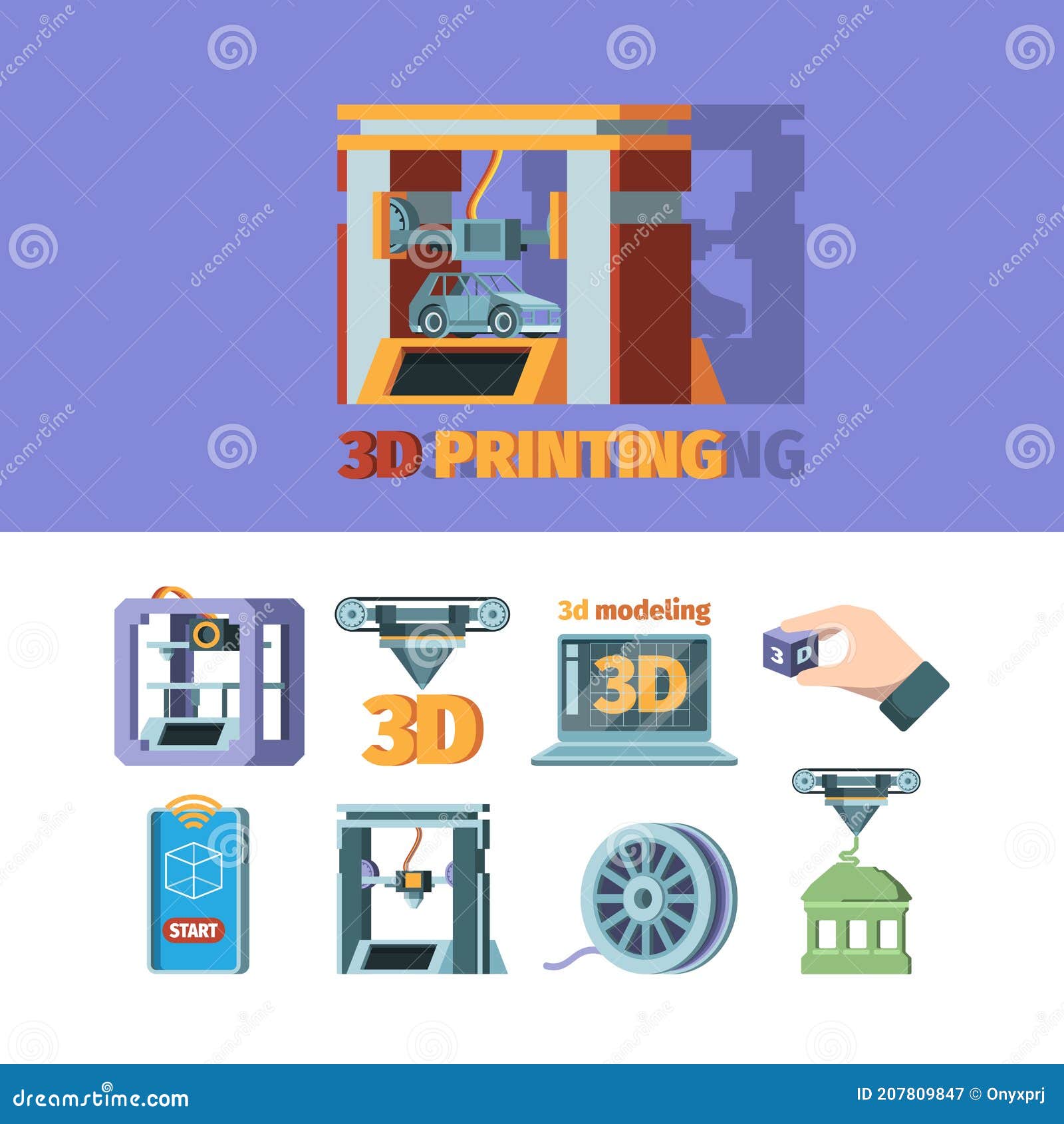 3d Prints Technology. Printing Machine Dimensional Systems Vector Flat ...