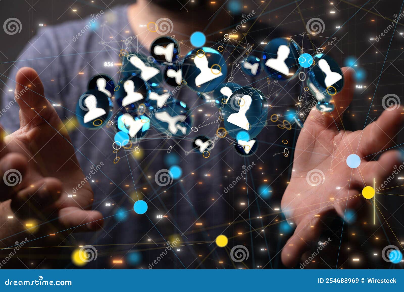 3d Profile Icons Hovering between the Man S Hands. Stock Image - Image ...
