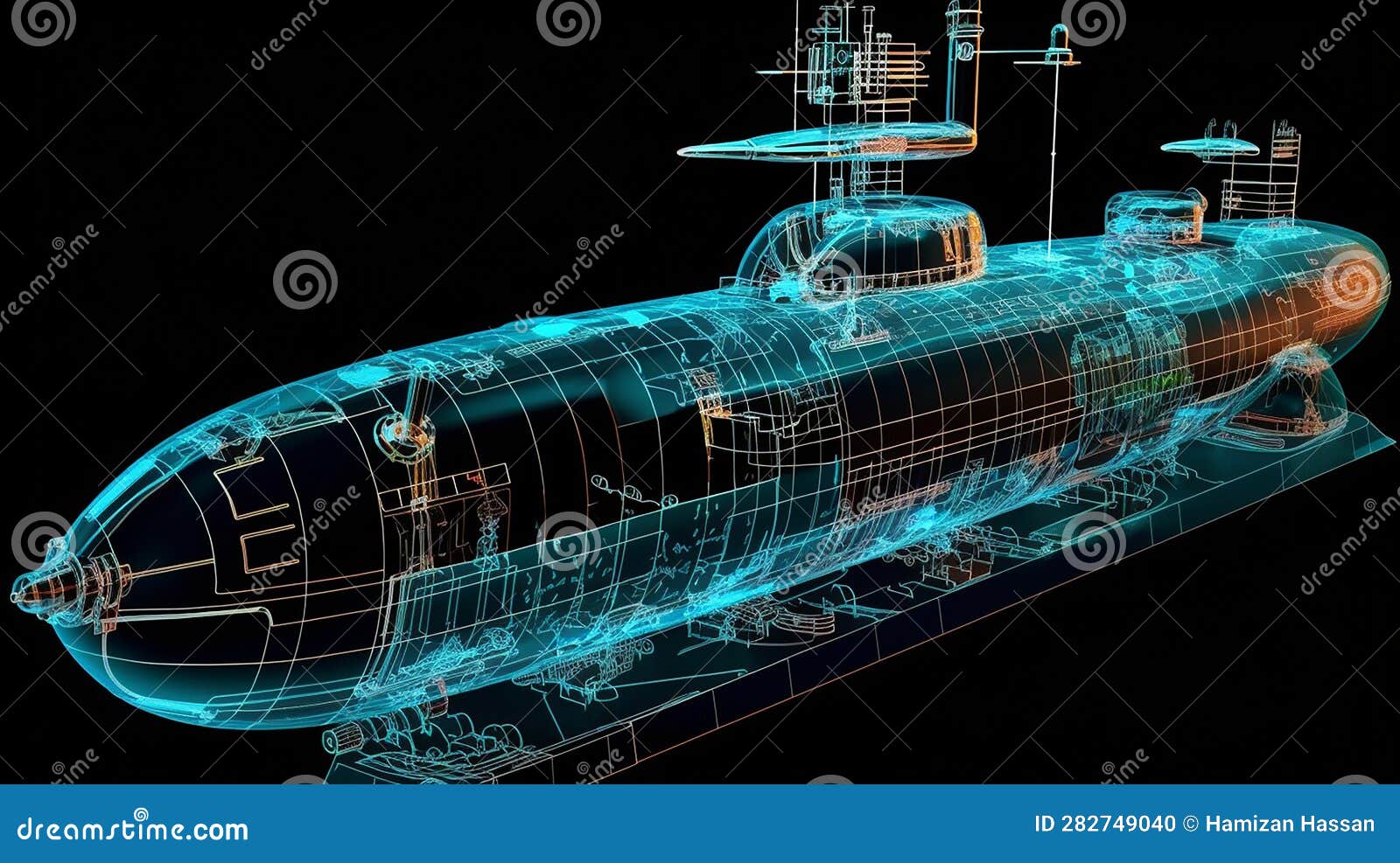 3D Projection of a Submarine, Streamlined Hull, Periscope, and ...