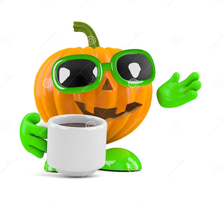 3d Pumpkin Man Has a Coffee Break Stock Illustration - Illustration of ...