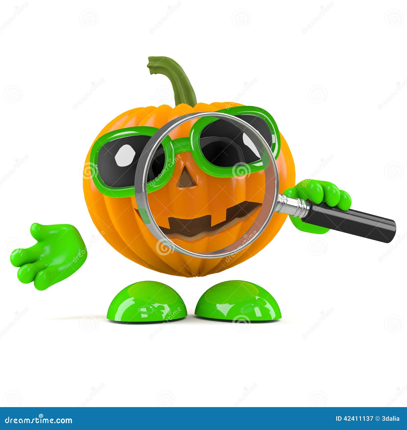 3d Pumpkin Man Looks through Magnifying Glass Stock Illustration ...