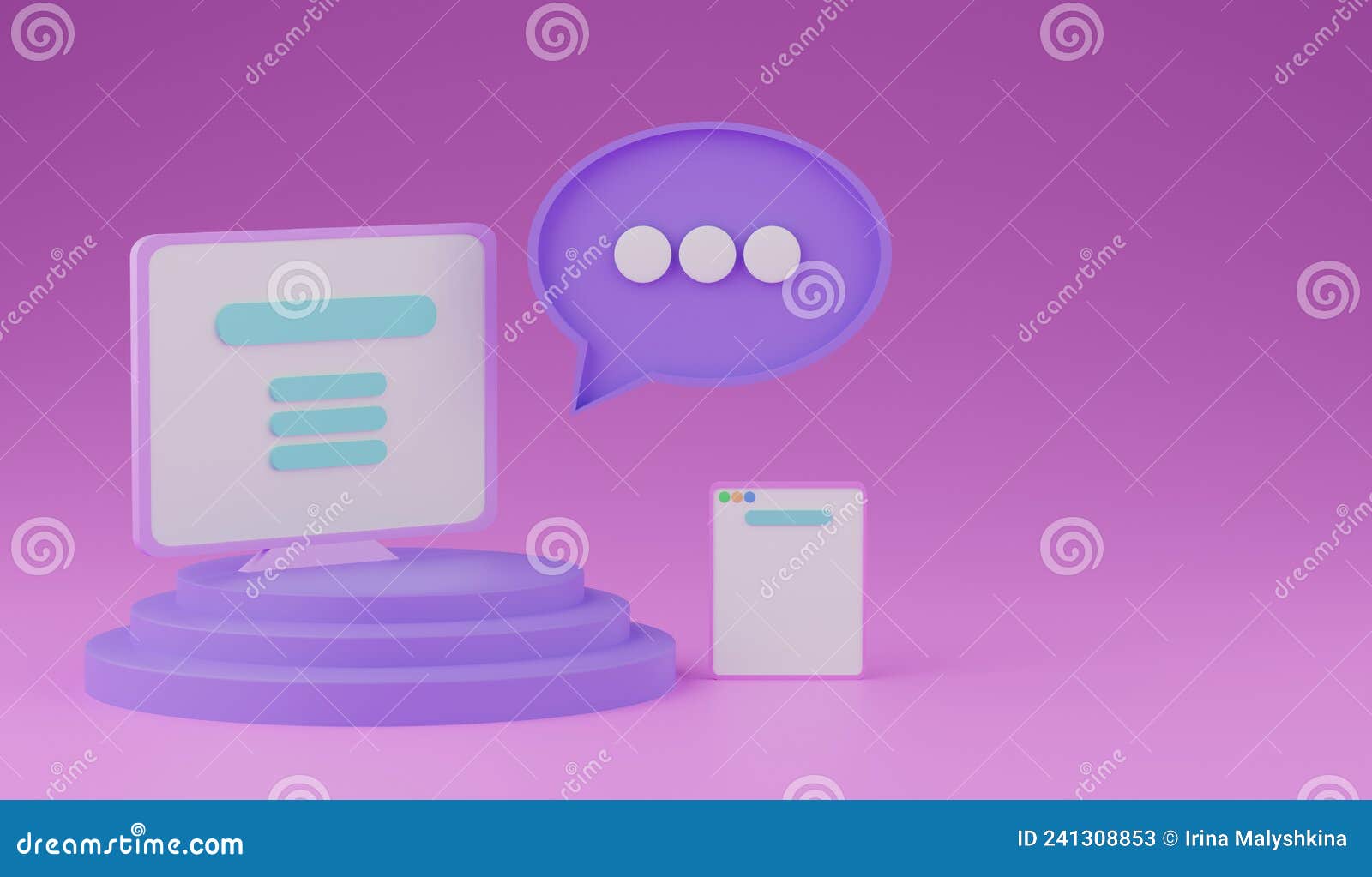 3D Purlpe Chat Bubble, Tablet Pc and Desktop Computer on Light Purple ...