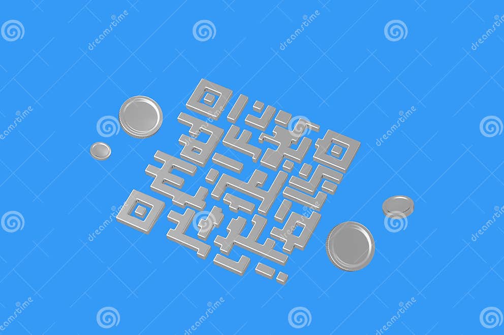 3D QR Code with Coins on a Blue Background. 3D Rendering Stock ...