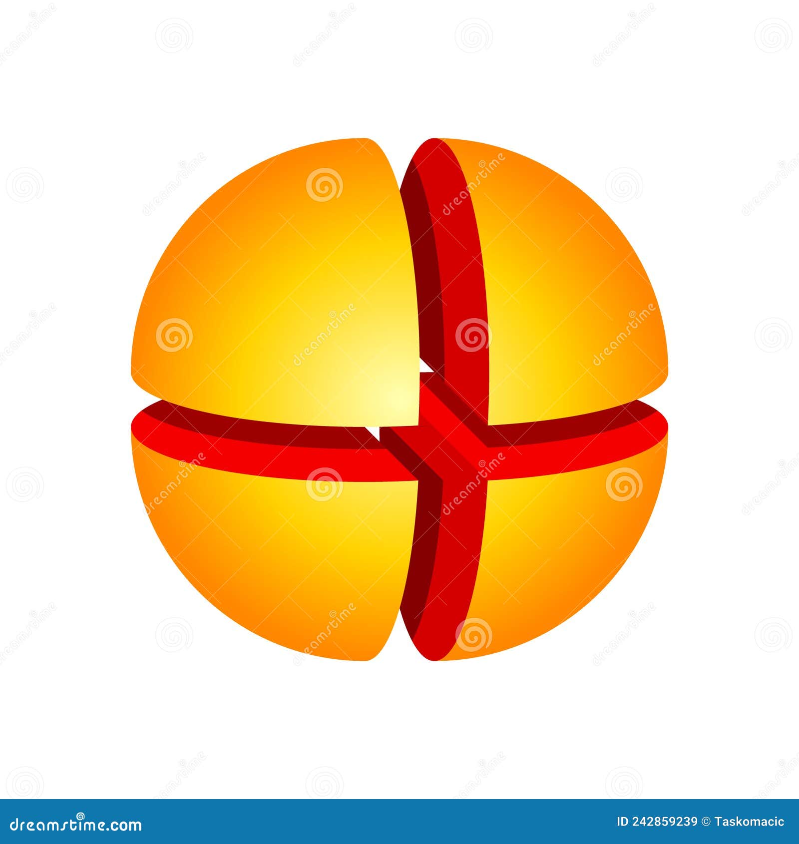 3D Quartered Sphere. Yellow and Orange Sphere Sliced into Quarters ...