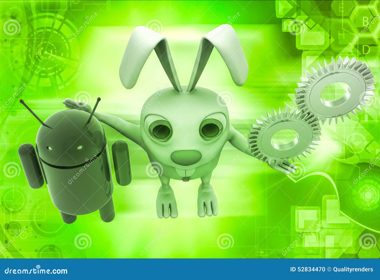 3d Rabbit with Android Os Icon and Setting Icon Illustration Stock ...