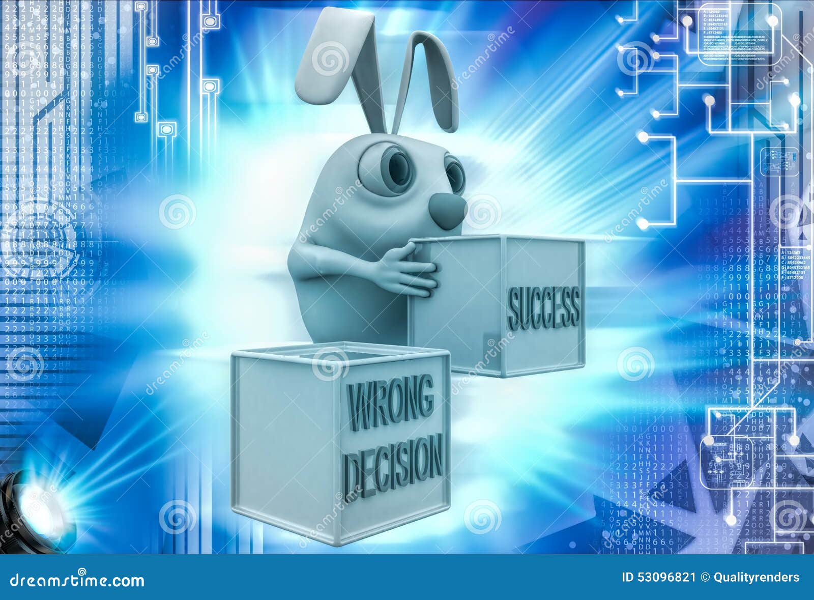 3d Rabbit with Wrong Decision and Success Cube Illustration Stock ...