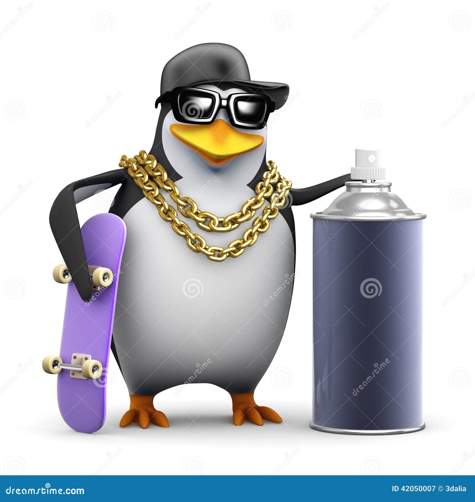 3d Rapper Penguin with Skateboard and Paint Stock Illustration ...