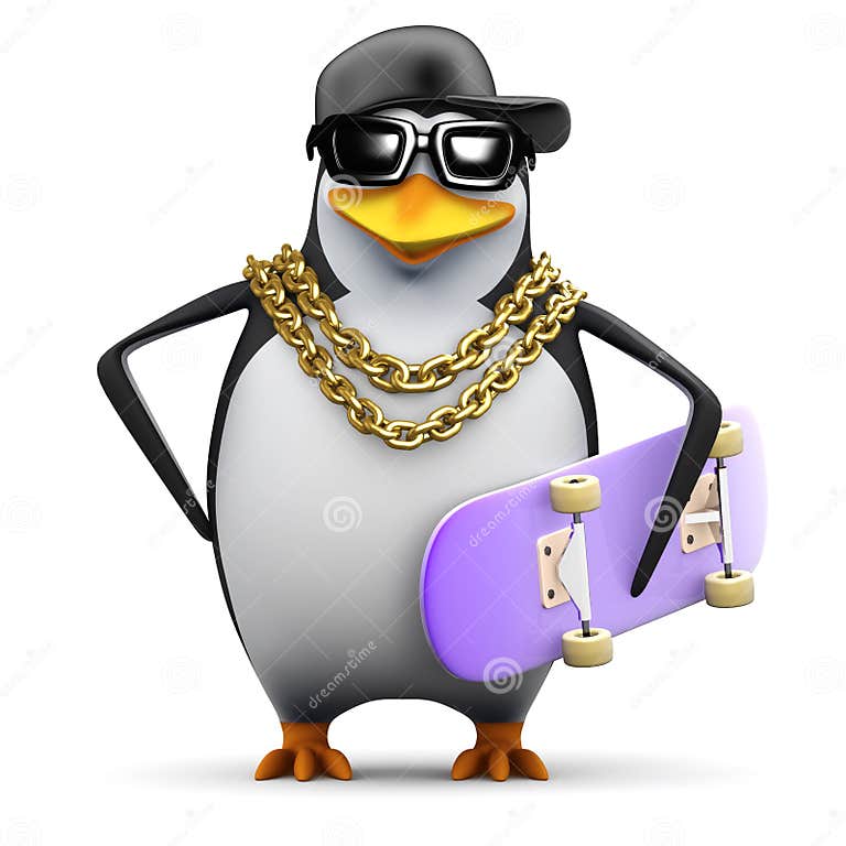 3d Rapper Penguin with Skateboard Stock Illustration - Illustration of ...