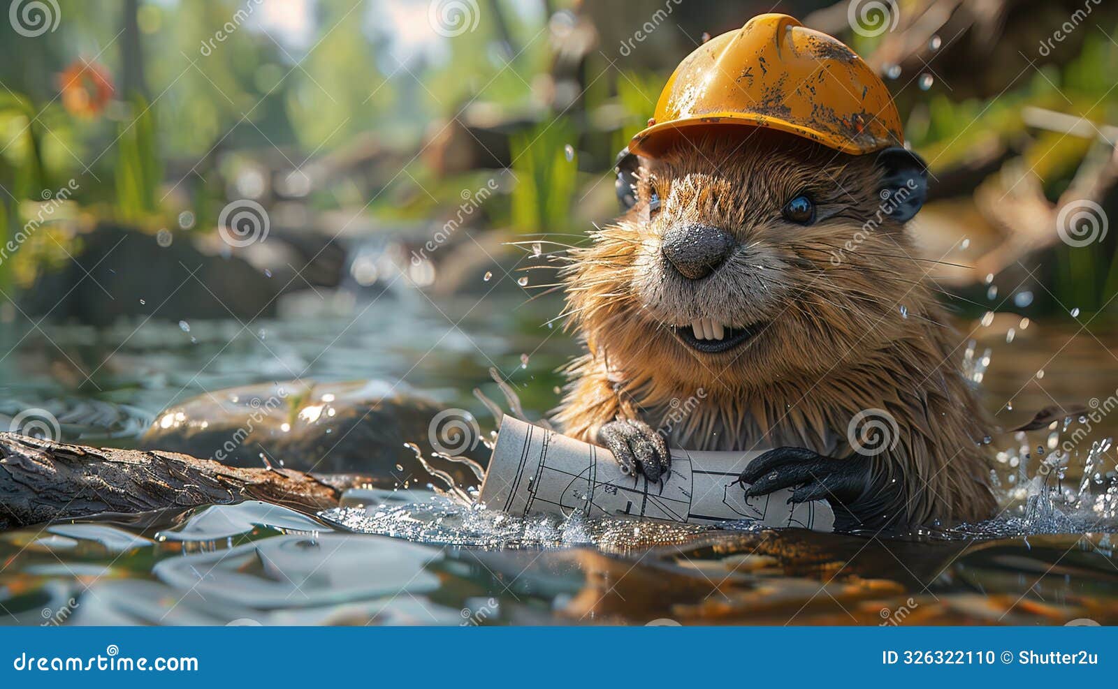 A 3D Realistic Action Rendering of a Beaver Architect Building a Log ...