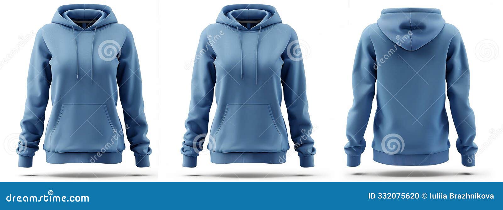 3D Realistic Blue Hoodie, Front View, Side and Back Views on a White ...