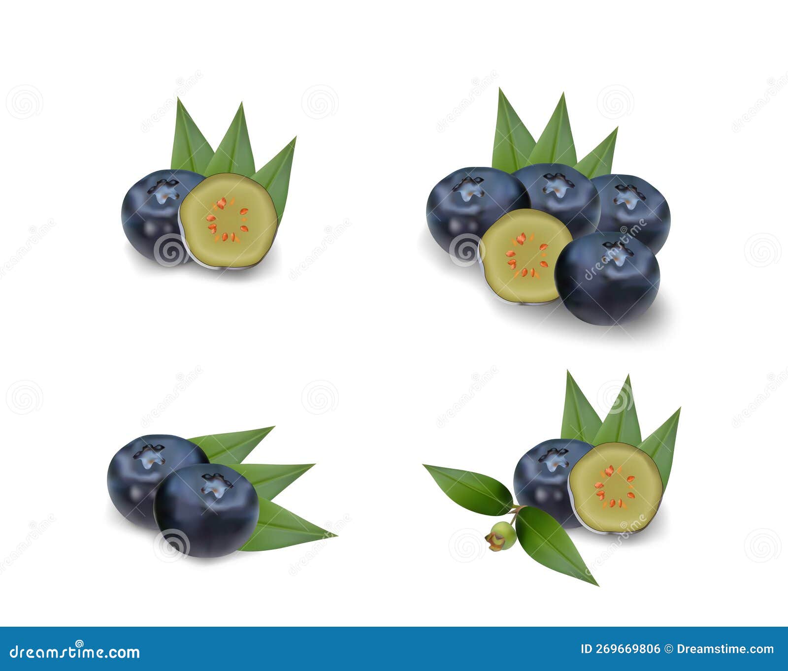 3D Realistic Blueberry Set, Lying Heaps of Berries with Leaves, Falling ...