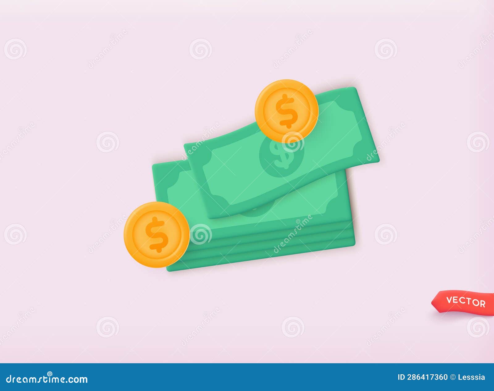 3d Realistic Cartoon Gold Coins and Dollar Banknote Bundle. 3D Web ...