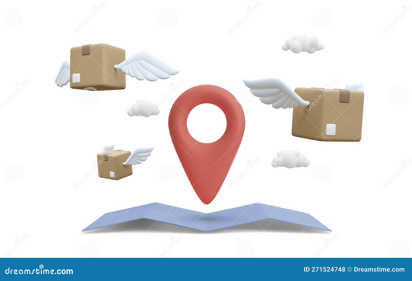 3d Realistic Flying Cardboard Boxes with Wings and Map with Pointer ...