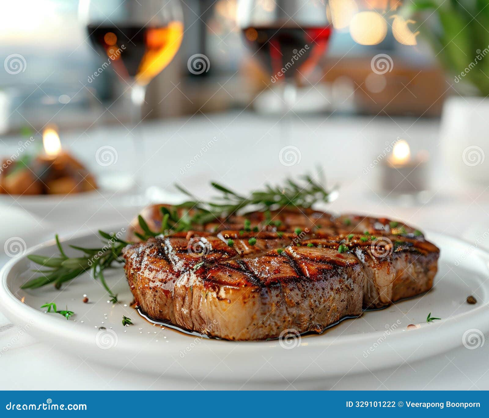 3D Realistic Grilled Steak Presentation in a Modern White Restaurant ...