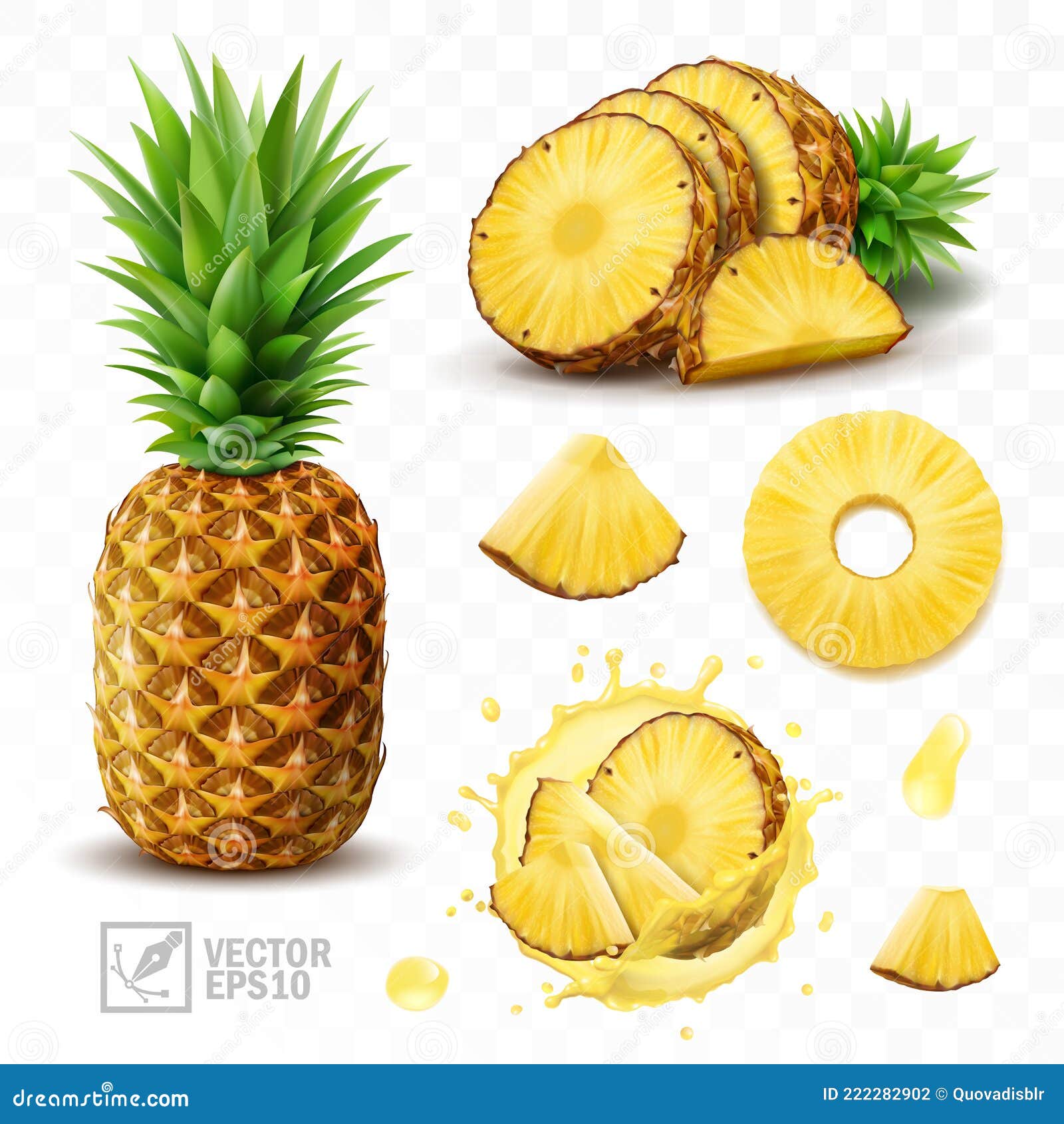 3d Realistic Isolated Vector Set of Pineapple with Juice Splash, Whole ...