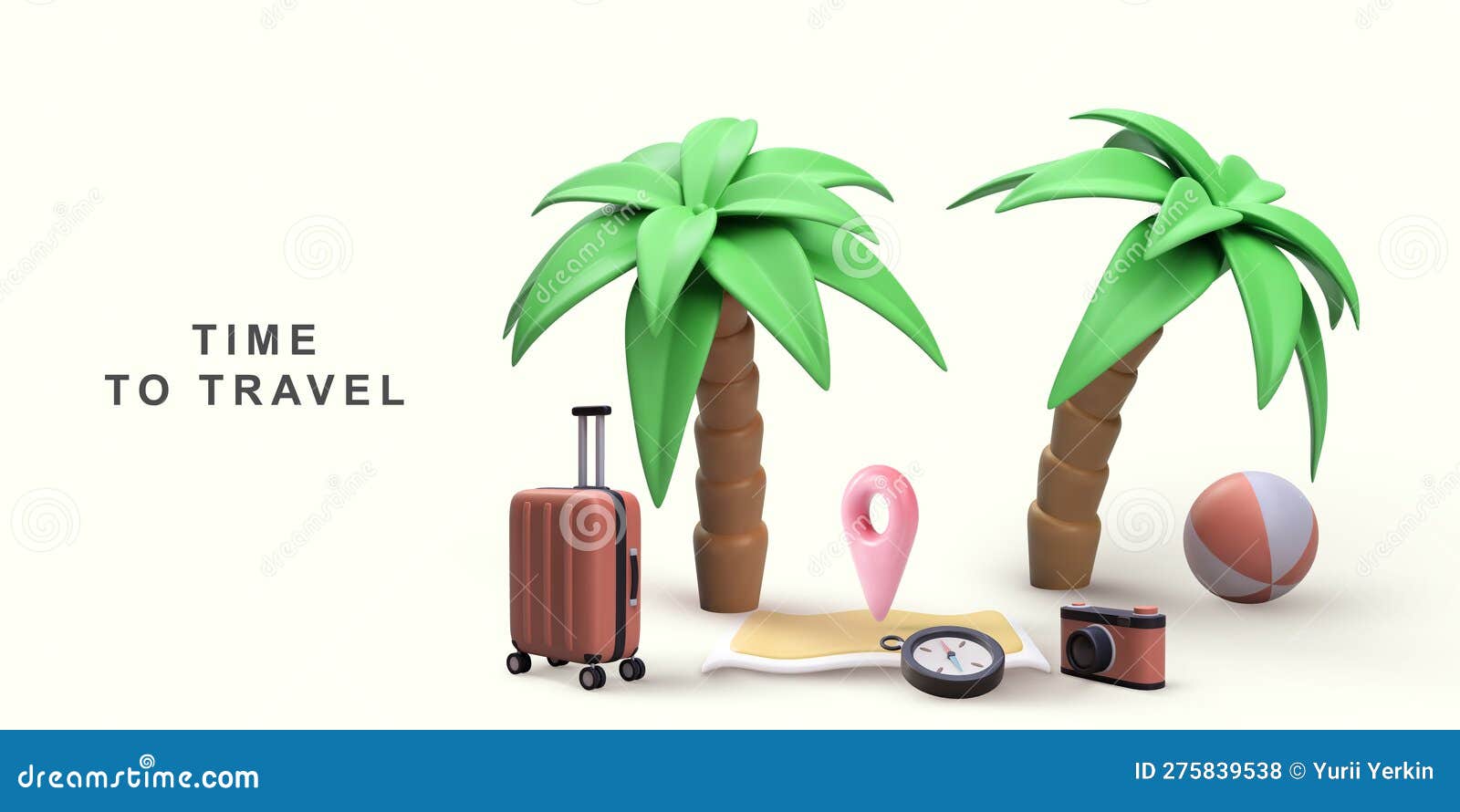 3d Realistic Marketing Poster Style with Palm Tree, Compass, Map ...