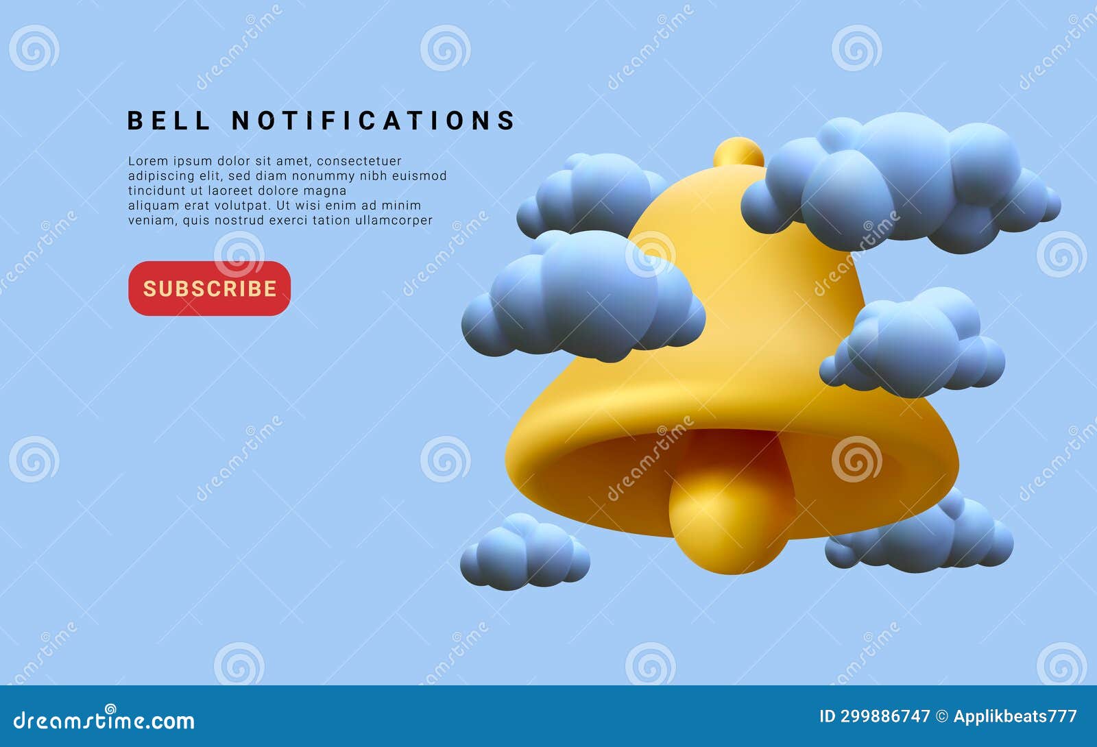 3d Realistic Notification Bell Whith Clouds. Vector Illustration Stock ...