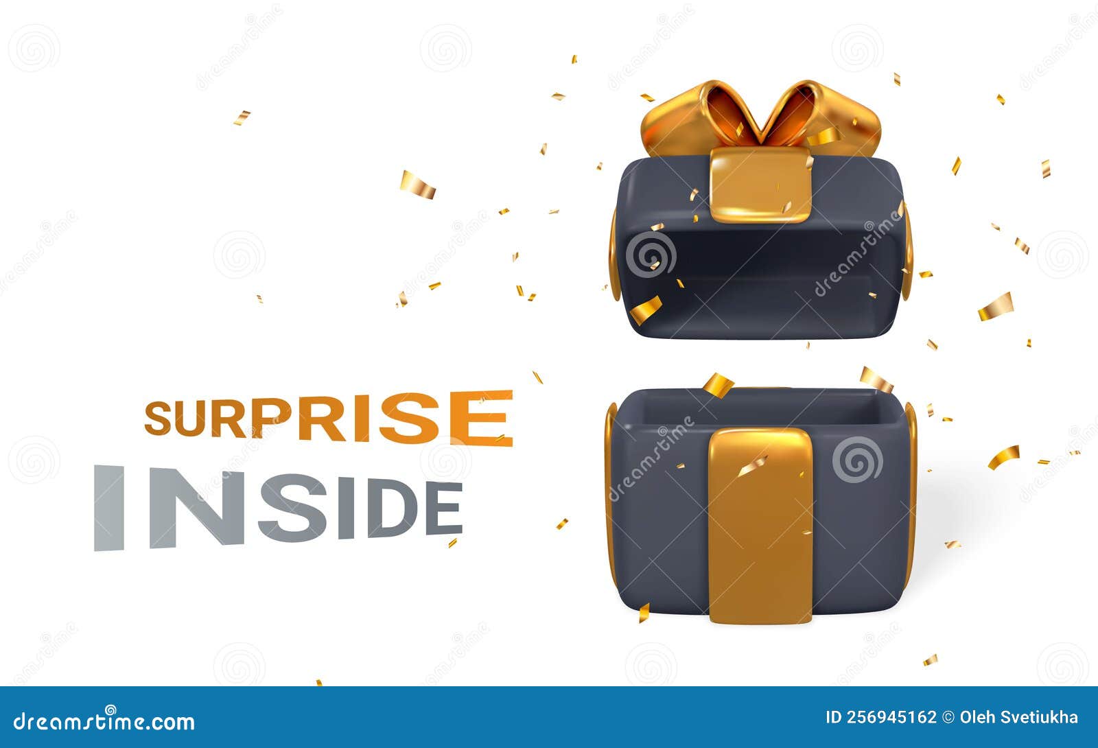 3D Realistic Open Black Gift Box with Gold Ribbon and Bow. Surprise ...