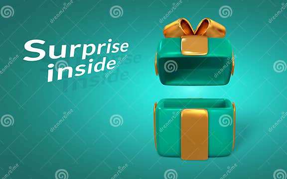3d Realistic Open T Box With Gold Ribbon And Bow Surprise Inside