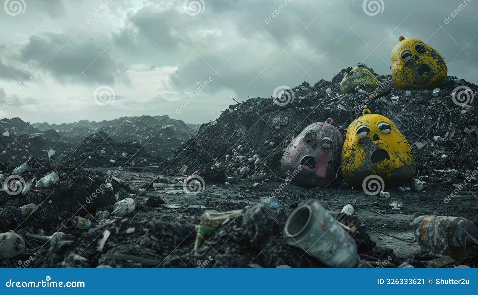 3D Realistic Visualization Of A Landfill Trash Items With Tearful Faces ...